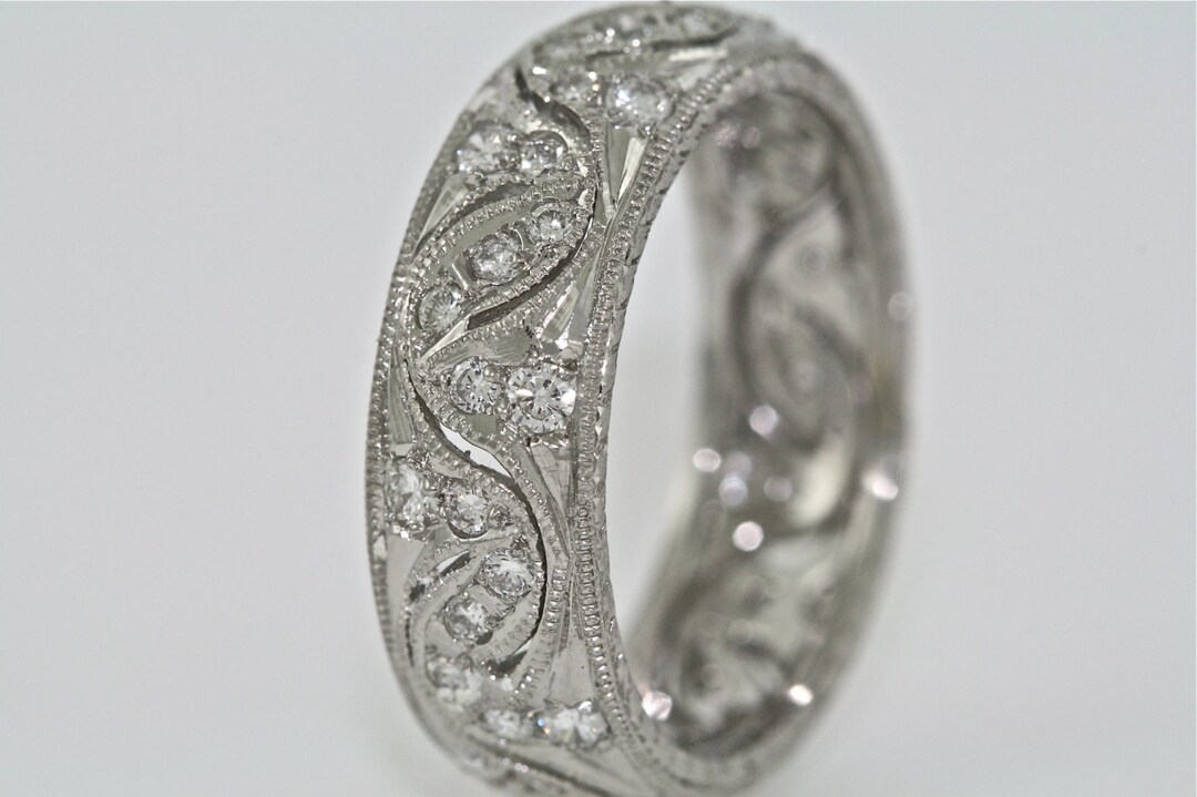 Platinum and Diamond Hand Engraved Art Deco Design Wedding Band - Etsy
