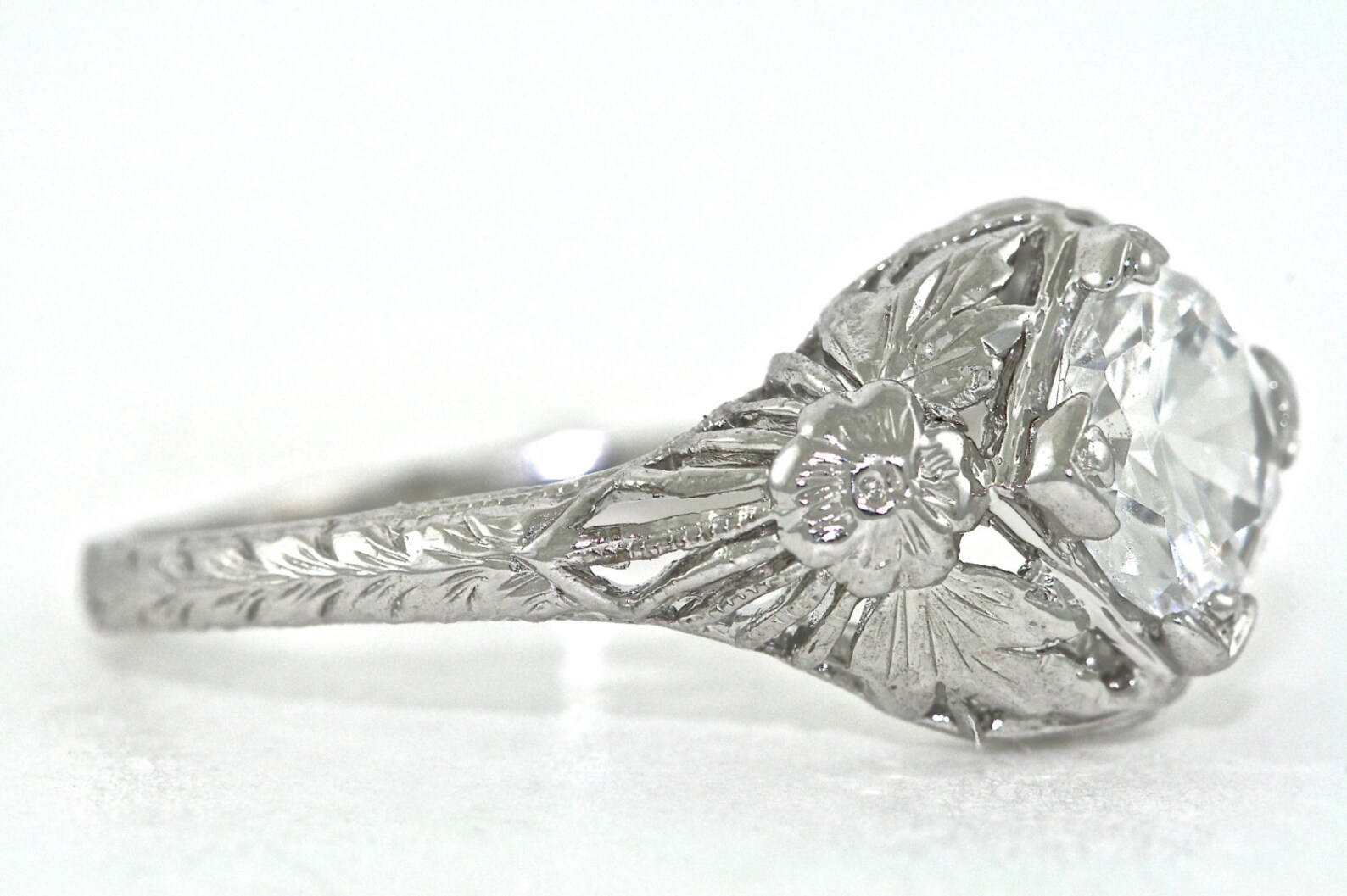 Platinum Antique Floral Design Hand Engraved Engagement Ring - Etsy