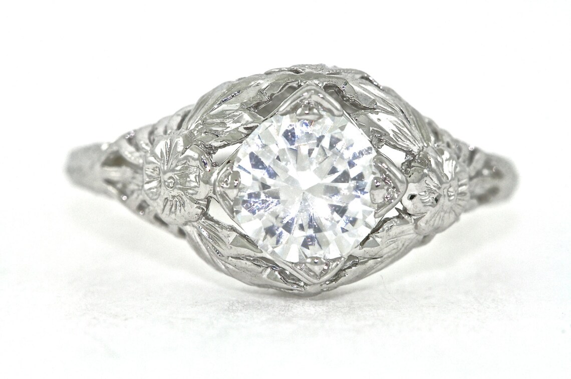 Platinum Antique Floral Design Hand Engraved Engagement Ring With 1 ...