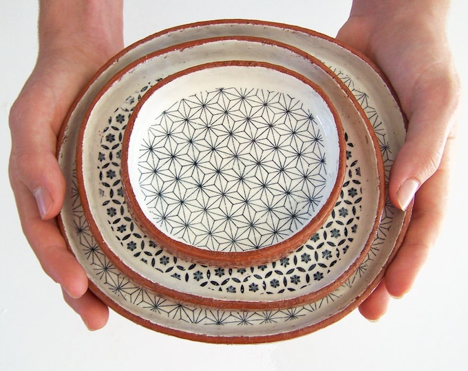Three Tapas Plates - Ceramic Plate Set- Geometric Plates - Pottery ...