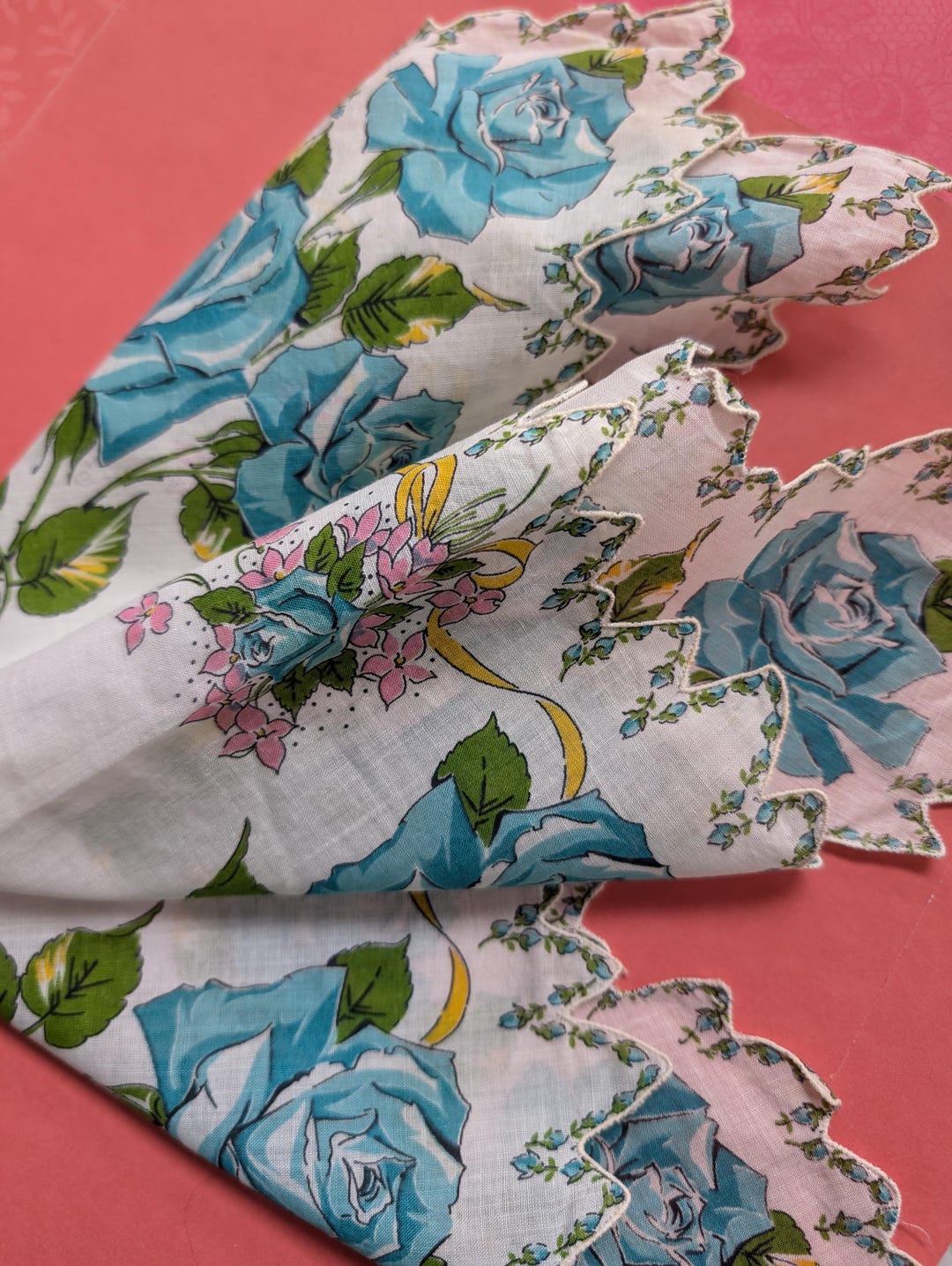 Vintage Sheer Large Cotton Floral Print Handkerchief Blue Roses - Etsy