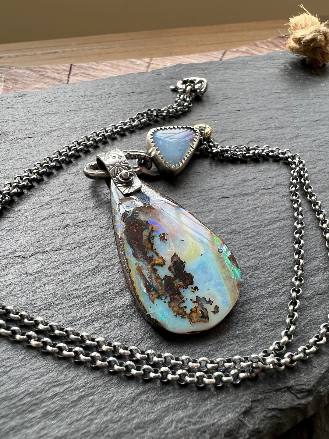 Boulder Opal Necklace, Sterling Bezel Set Jewellery, Two Light Blue ...