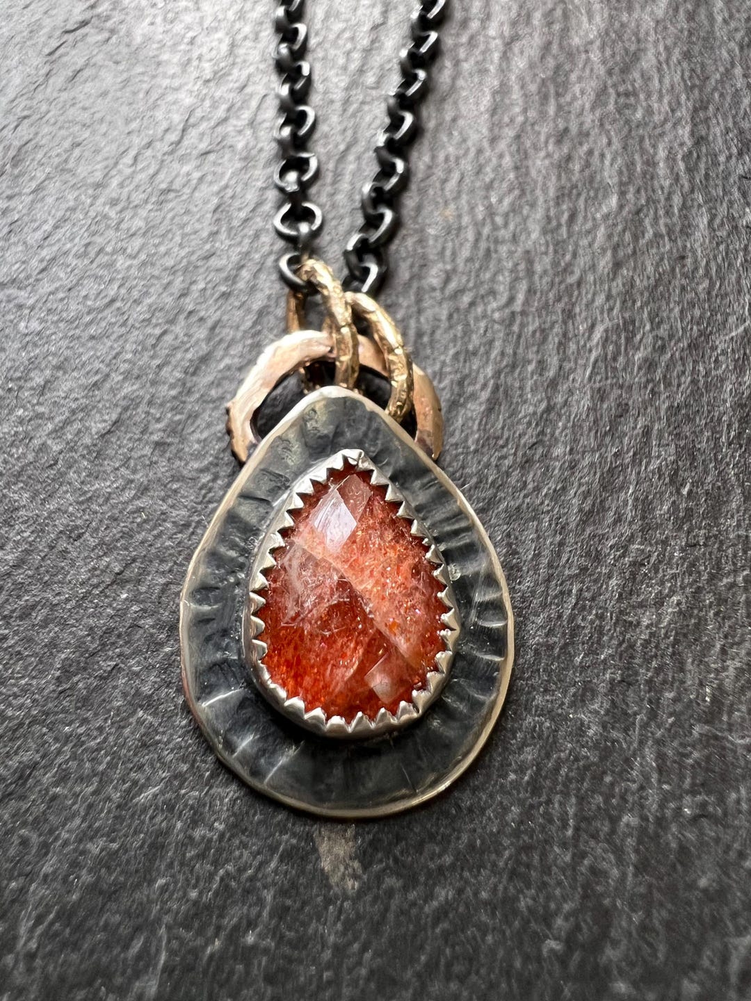 Sunstone Necklace, Bezel Set Charm Necklace, Dark Oxidised Gemstone ...