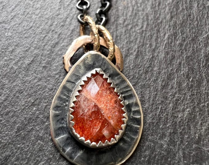 Sunstone Necklace, Bezel Set Charm Necklace, Dark Oxidised Gemstone ...