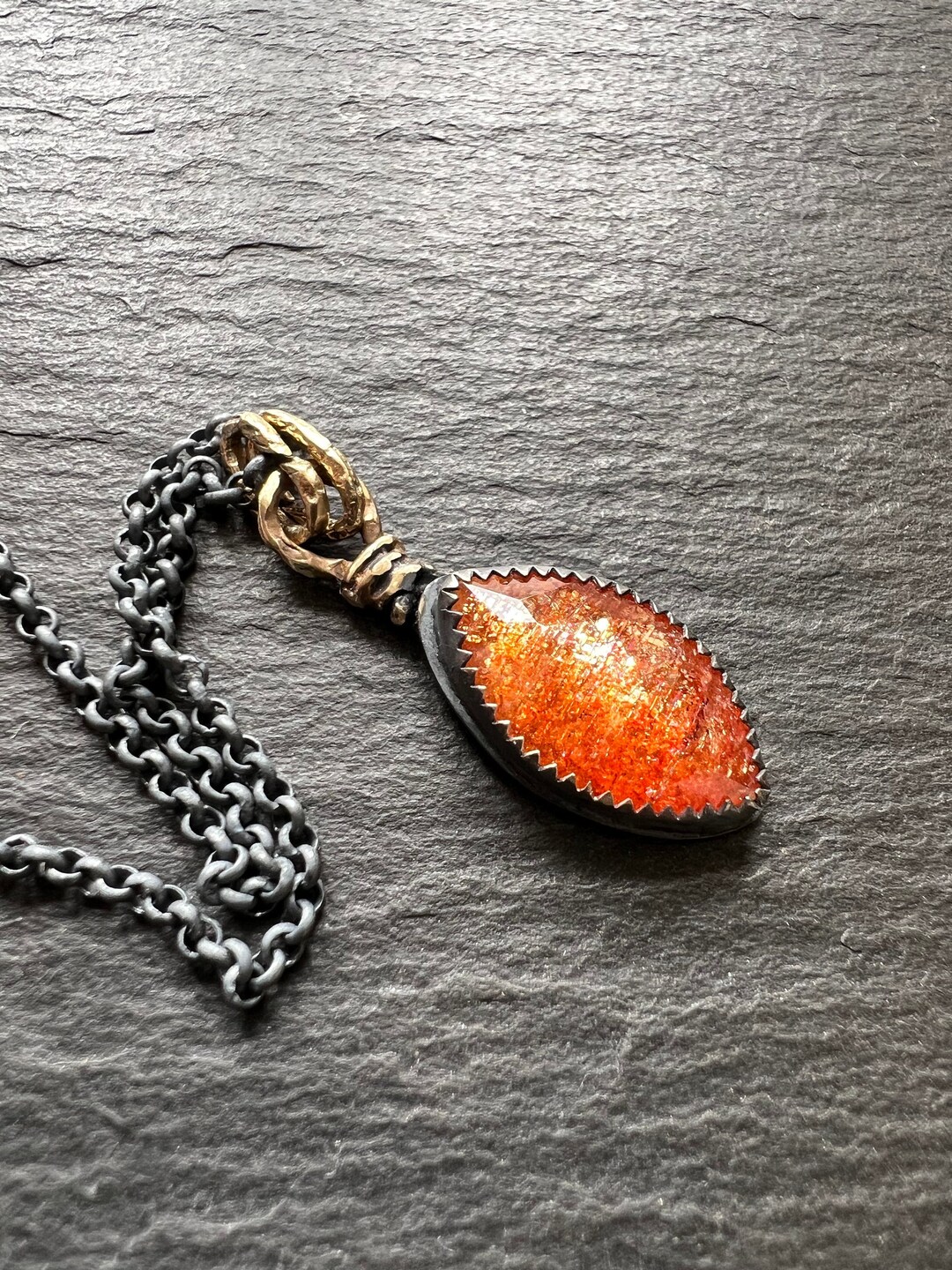 Sunstone Necklace, Bezel Set Charm Necklace, Dark Oxidised Gemstone ...