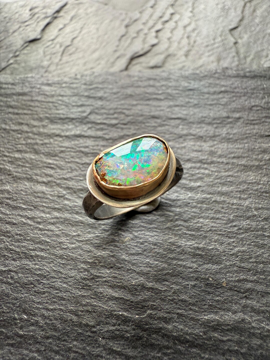 Boulder Opal Ring With Blue and Green Hues Which Sits Atop a Sterling ...