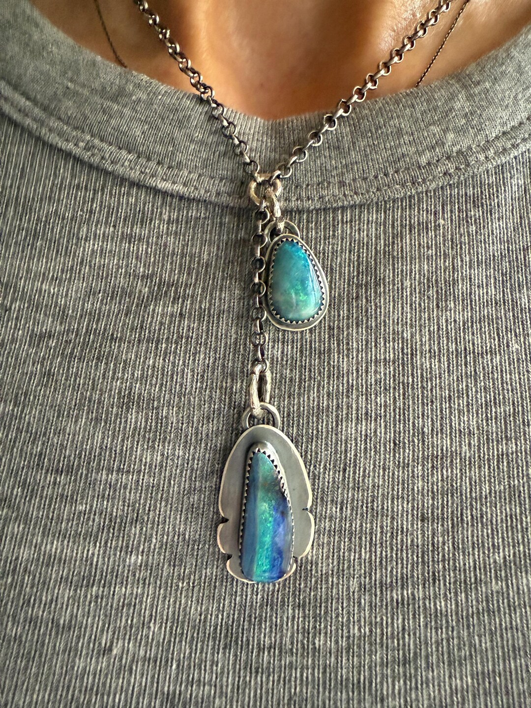 Double Boulder Opal Lariat Necklace, Seascape Blue Colourful Opal Stone ...