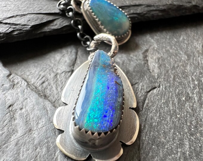 Double Boulder Opal Lariat Necklace, Seascape Blue Colourful Opal Stone ...