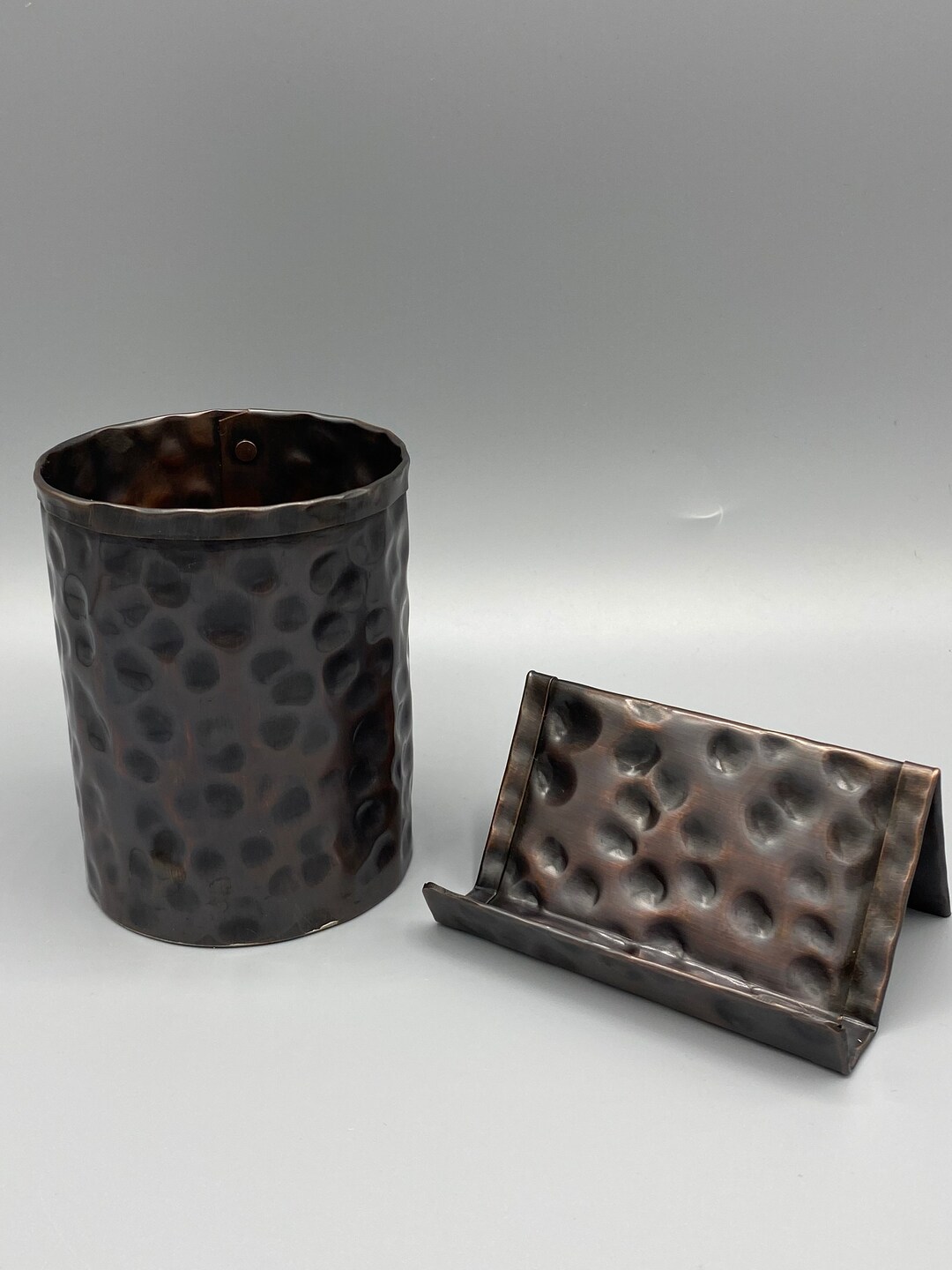 Hand Hammered Copper Desk Set: Bronze Finish Card and Pencil Holder - Etsy