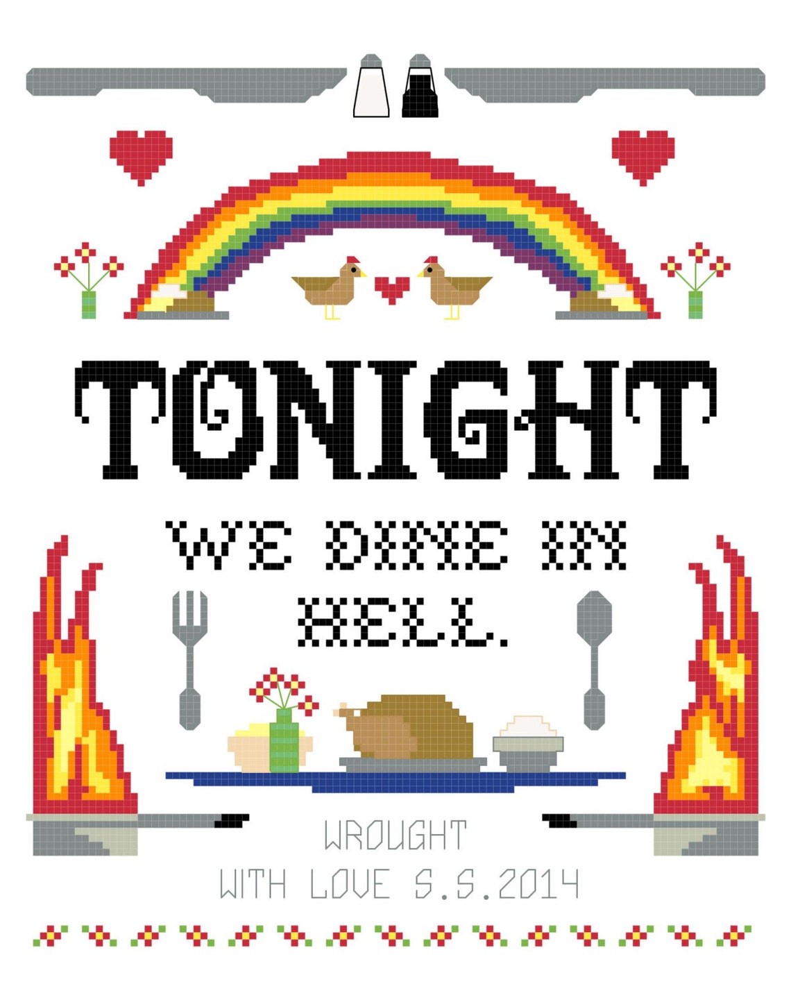 2 Cross Stitch Patterns -- Tonight We Dine in Hell Sampler Set, Rainbow ...