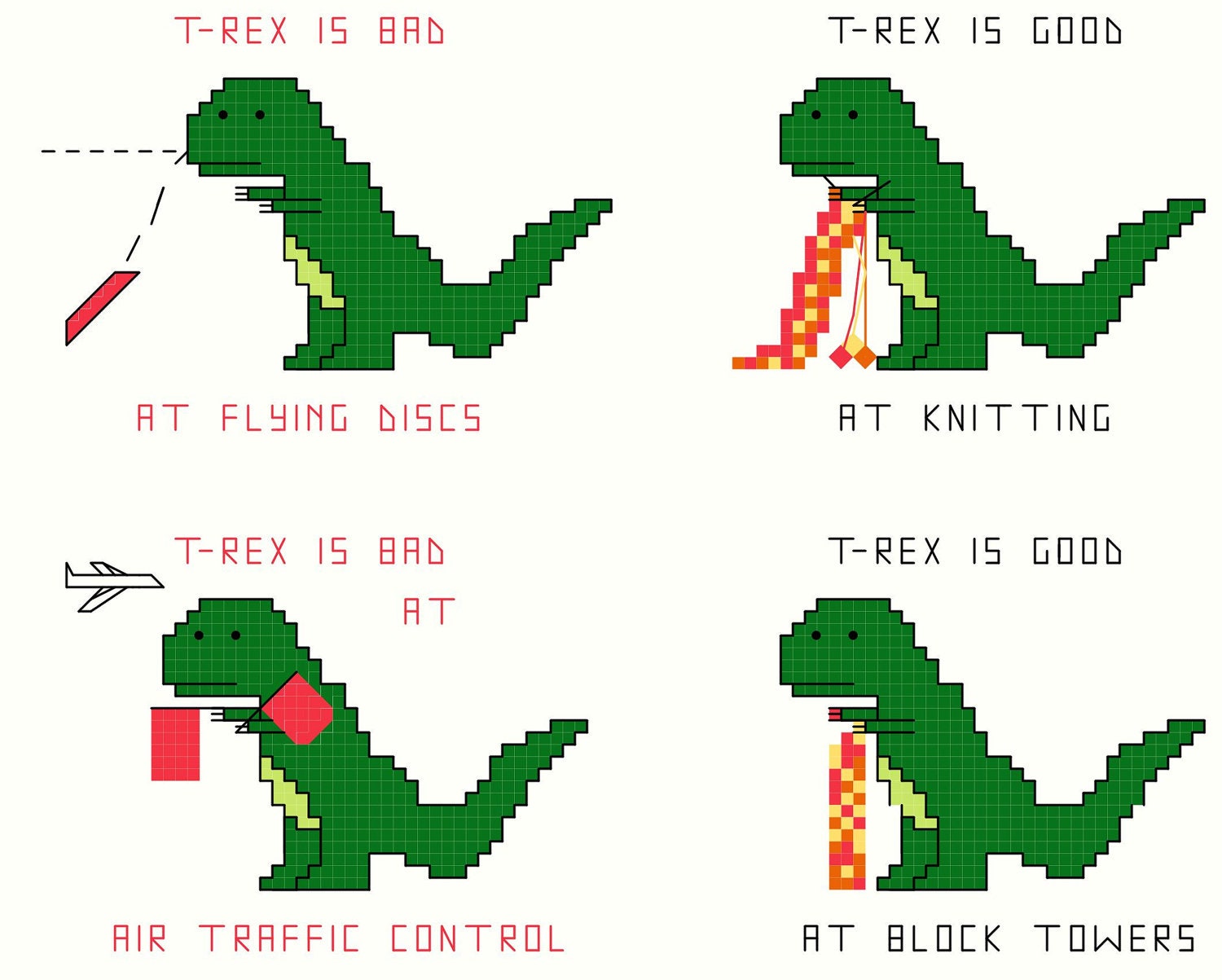 Cross Stitch Patterns -- T-rex Set 2 -- 4 Patterns of T-rex and Flying ...