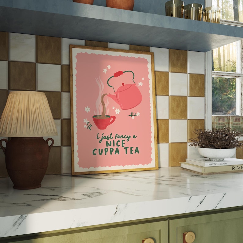 Vintage Kettle Print // Pink Kitchen Print, Gift for Tea Lover, Cuppa ...