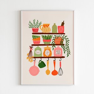 Kitchen Shelves Print // Colourful Kitchen Decor, Kitchen Illustration ...