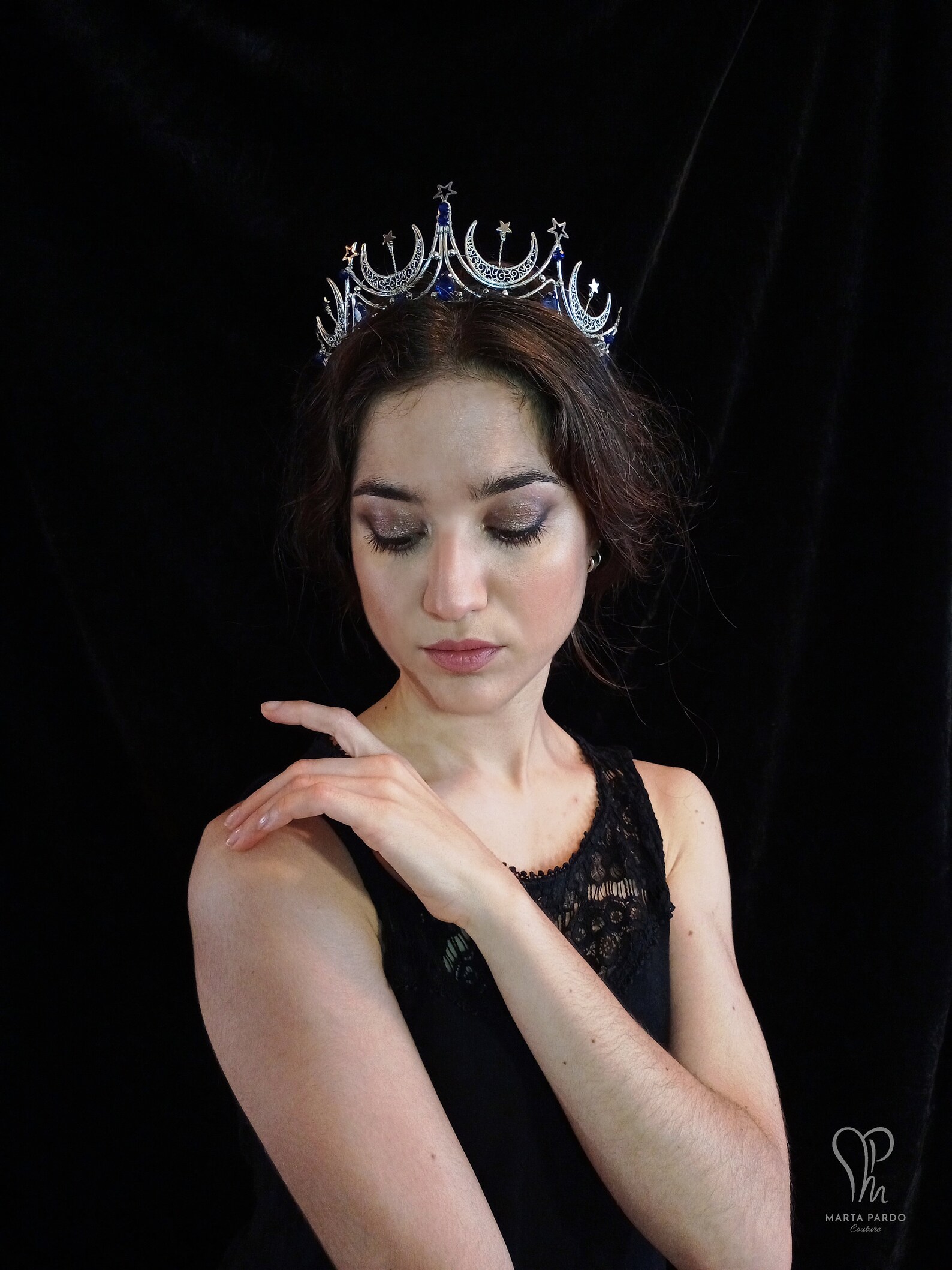 Fantasy Tiara MONA - Silver Moons and Stars, Royal Blue Rhinestones ...