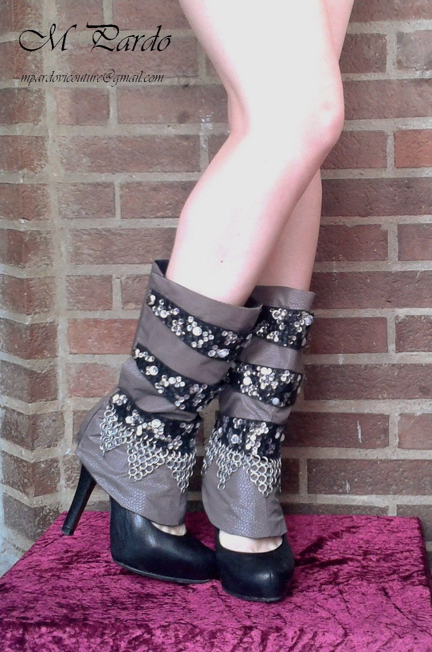 SALE Steampunk Spats Chainmail Sequin Straps Silver - Etsy