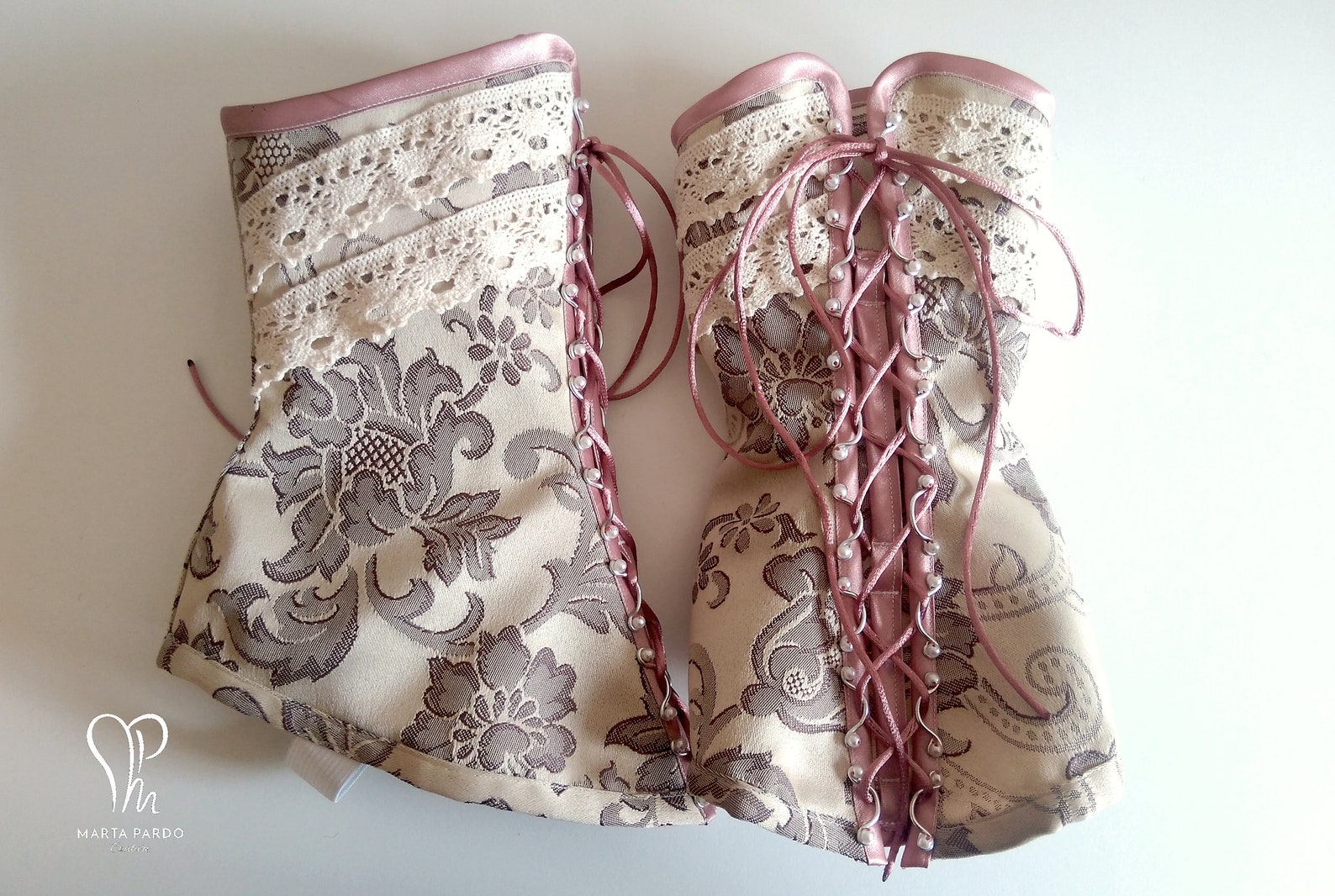Steampunk spats beige purple brocade pink accents bobbin | Etsy