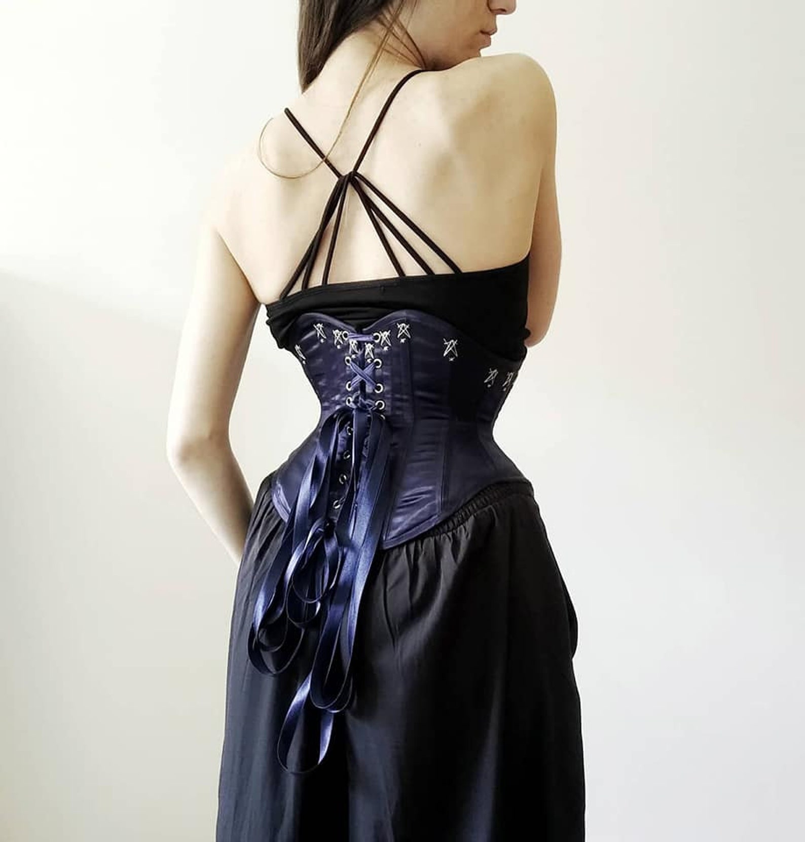 Sample Corset - Underbust Waist Cincher, Blue Satin, Hand Embroidered ...