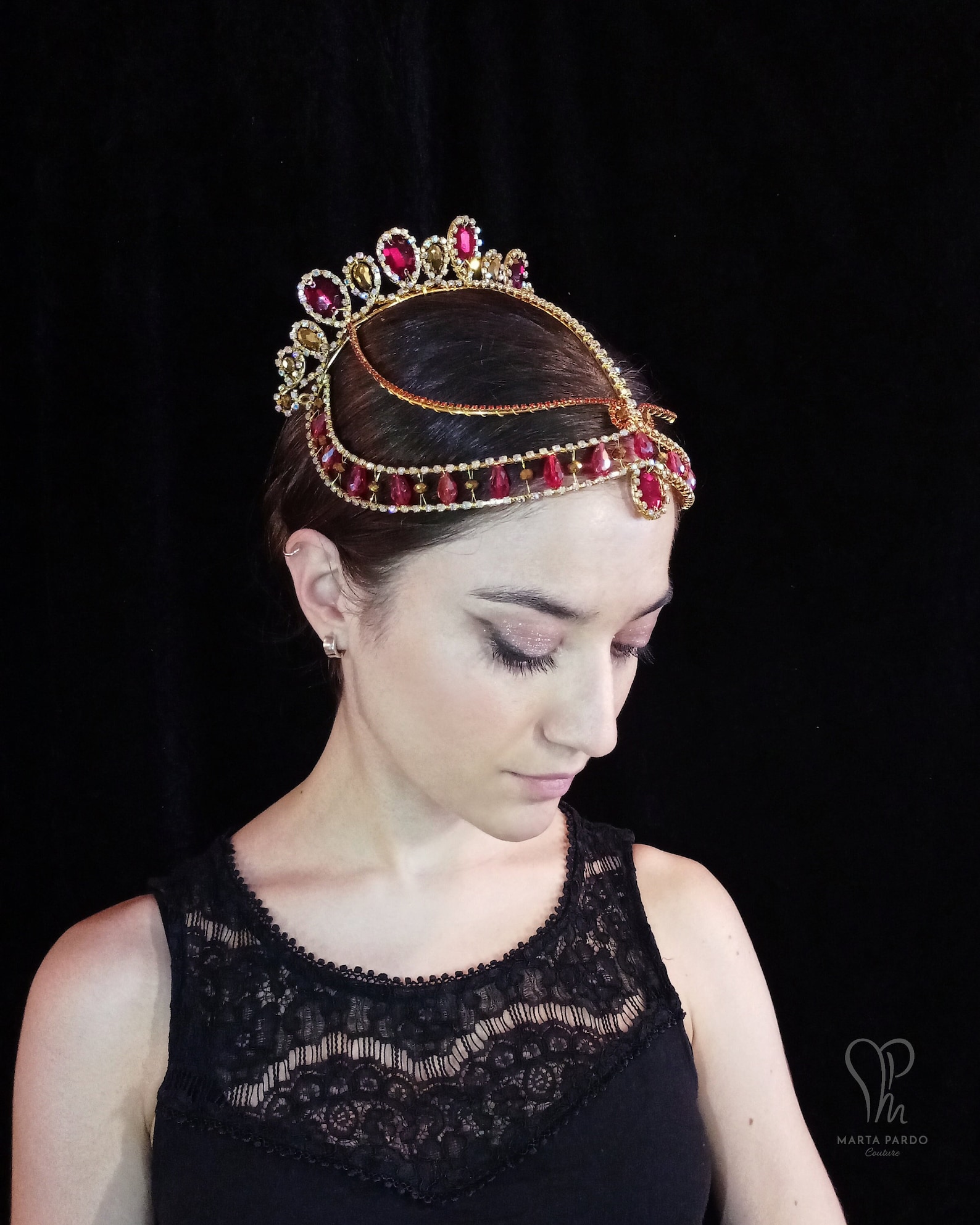 Ballet Tiara LEYRE -gold Wires, Red Rhinestones, Crystal Chain - Nikiya ...