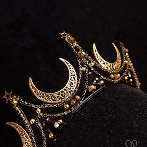 Fantasy Tiara MONA - Gold Moons and Stars, Black Crystals -moon Witch ...
