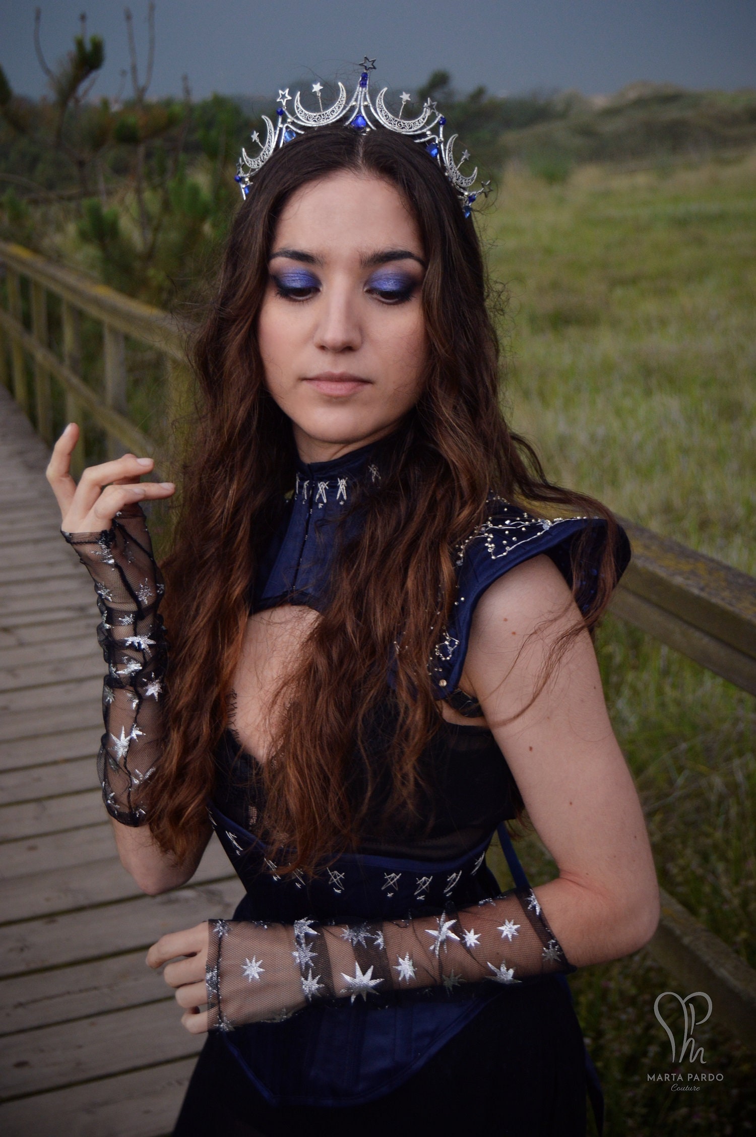 Mittens: Silver Stars Fingerless Gloves in Black Tulle, Silver Foil ...