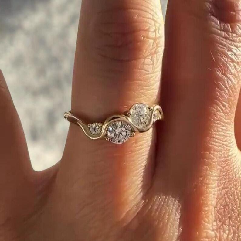 1.0 TCW Round Lab Grown Diamond Wave Ring, Yellow Gold Engagement ...