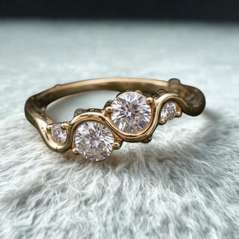 1.0 TCW Round Lab Grown Diamond Wave Ring, Yellow Gold Engagement ...
