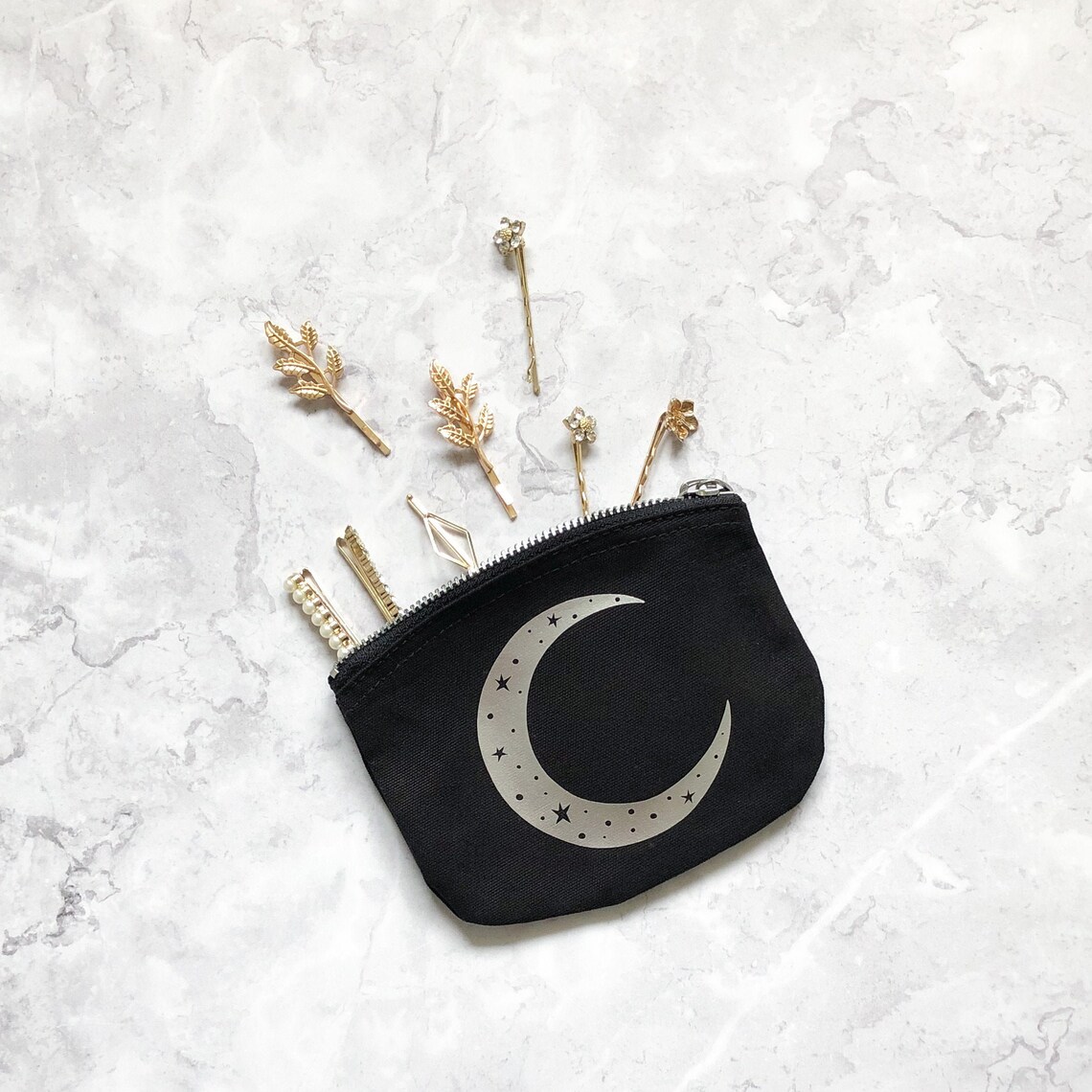 Crescent Moon Zip Pouch Black Zip Bag With Silver Moon | Etsy