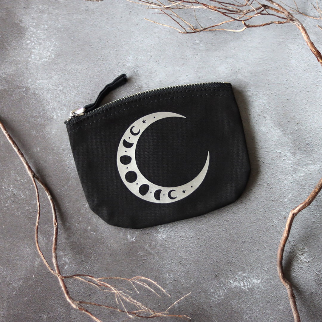 Moon Phase Crescent Zip Pouch, Black Zip Bag With Silver Moon, Organic ...
