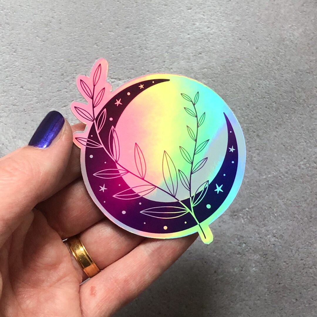 Holographic Moon and Plant Sticker, Clear Sticker, Glossy Vinyl Sticker ...