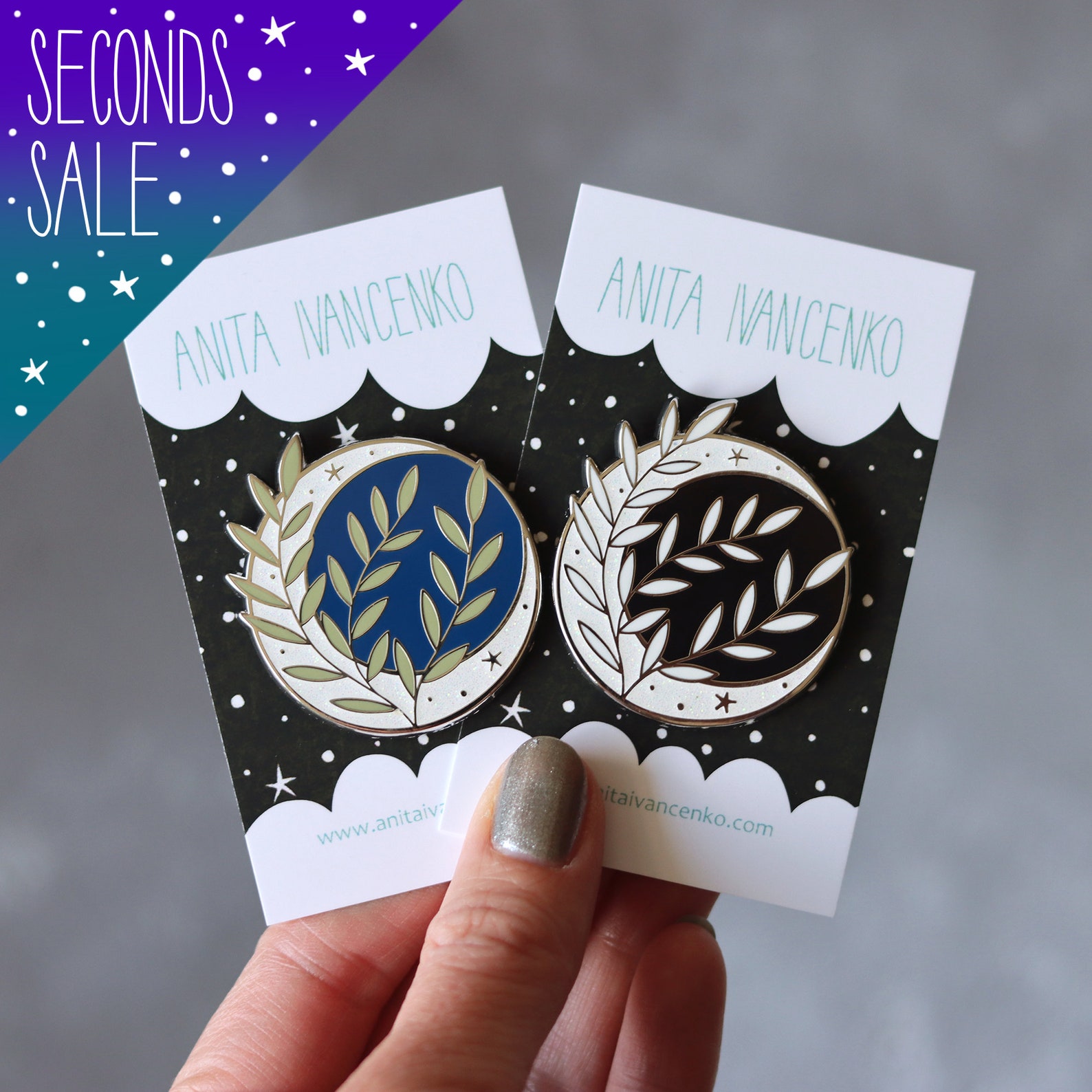 SECONDS SALE Sage Moon Enamel Pin, Botanical Pin Badge, Glitter Moon ...