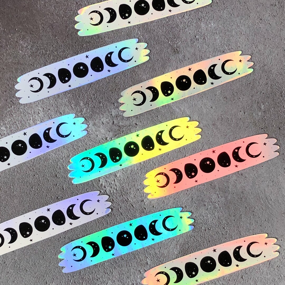 Holographic Moon Phase Sticker, Rainbow Moons Laptop Sticker, Black ...