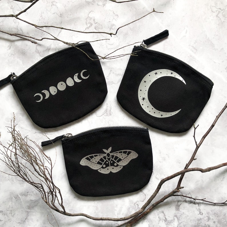 Crescent Moon Zip Pouch Black Zip Bag With Silver Moon | Etsy