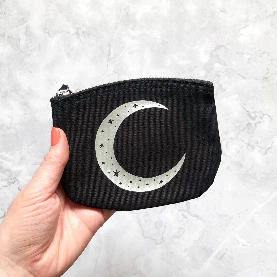 Crescent Moon Zip Pouch Black Zip Bag With Silver Moon | Etsy