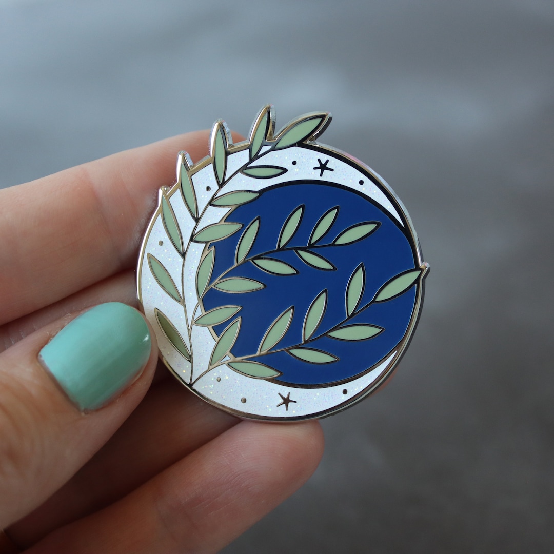 Sage Moon Enamel Pin, Botanical Pin Badge, Glitter Moon Badge ...