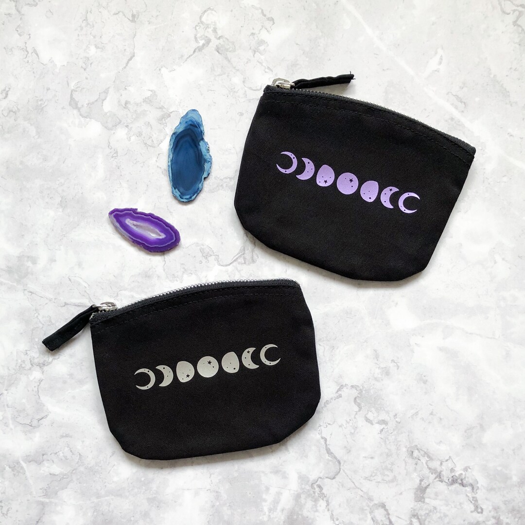 Lilac Moon Phases Zip Pouch, Black Zip Bag With Purple Moons, Organic ...
