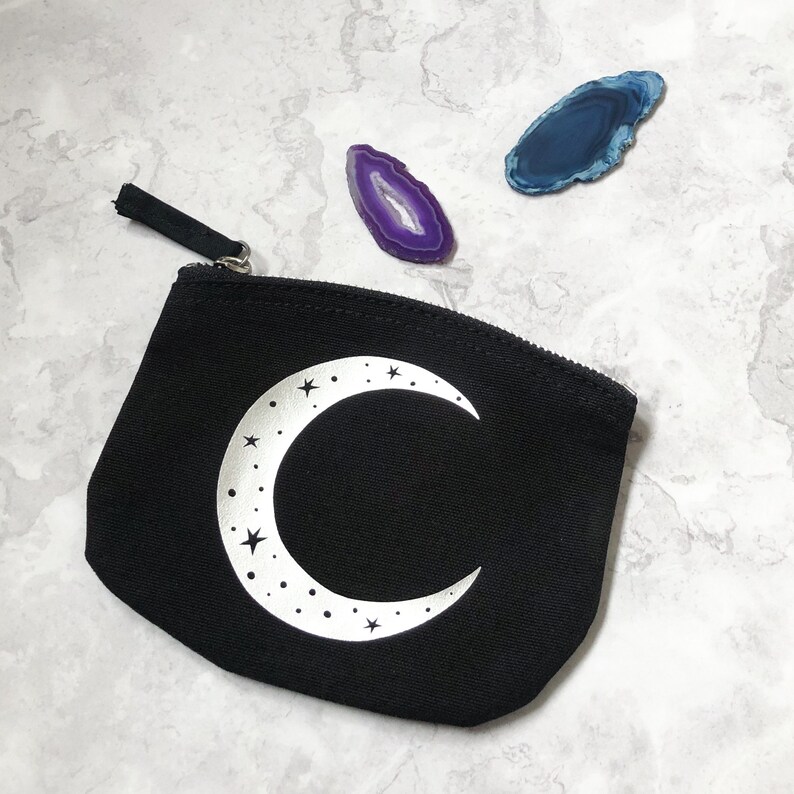 Crescent Moon Zip Pouch Black Zip Bag With Silver Moon | Etsy