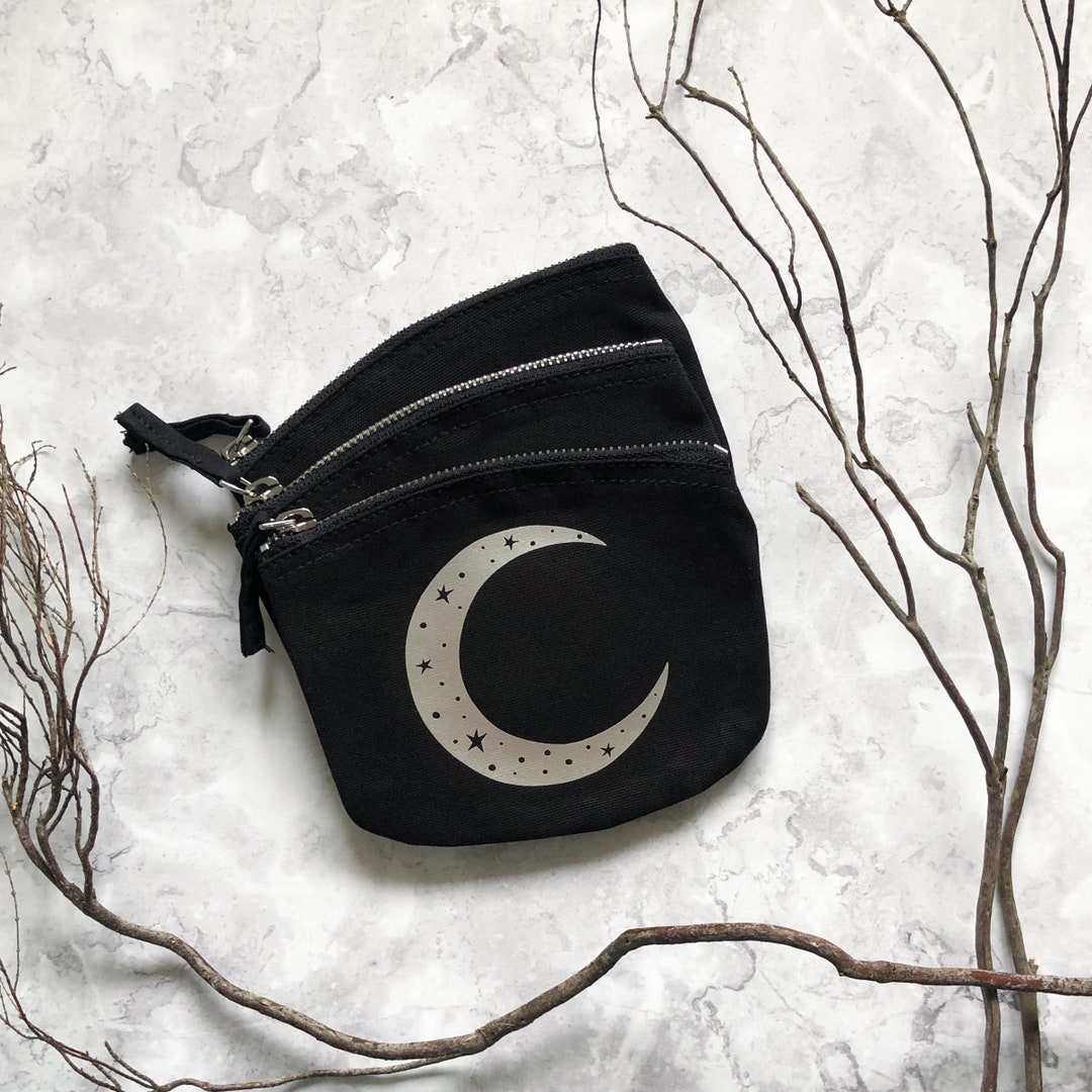 Crescent Moon Zip Pouch, Black Zip Bag With Silver Moon, Organic Cotton ...