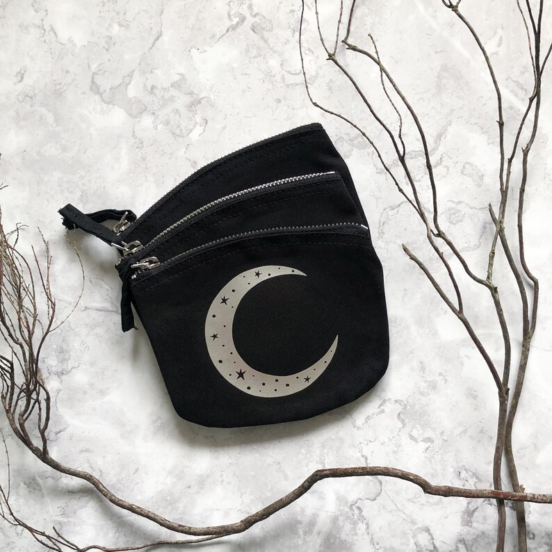 Crescent Moon Zip Pouch Black Zip Bag With Silver Moon | Etsy