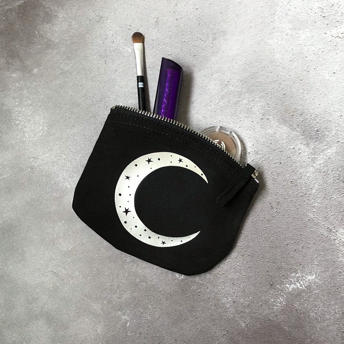 Crescent Moon Zip Pouch Black Zip Bag With Silver Moon | Etsy