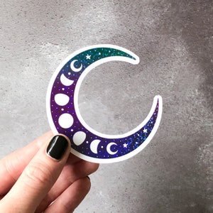 Moon Phase Crescent Holographic Laptop Sticker, White Vinyl Sticker ...