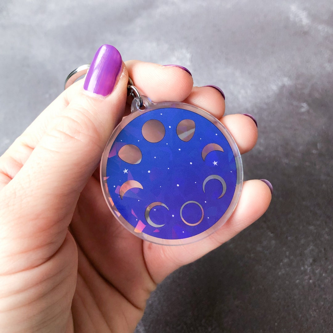 Moon Phase Keychain, Holographic Acrylic Keyring, Purple Celestial ...