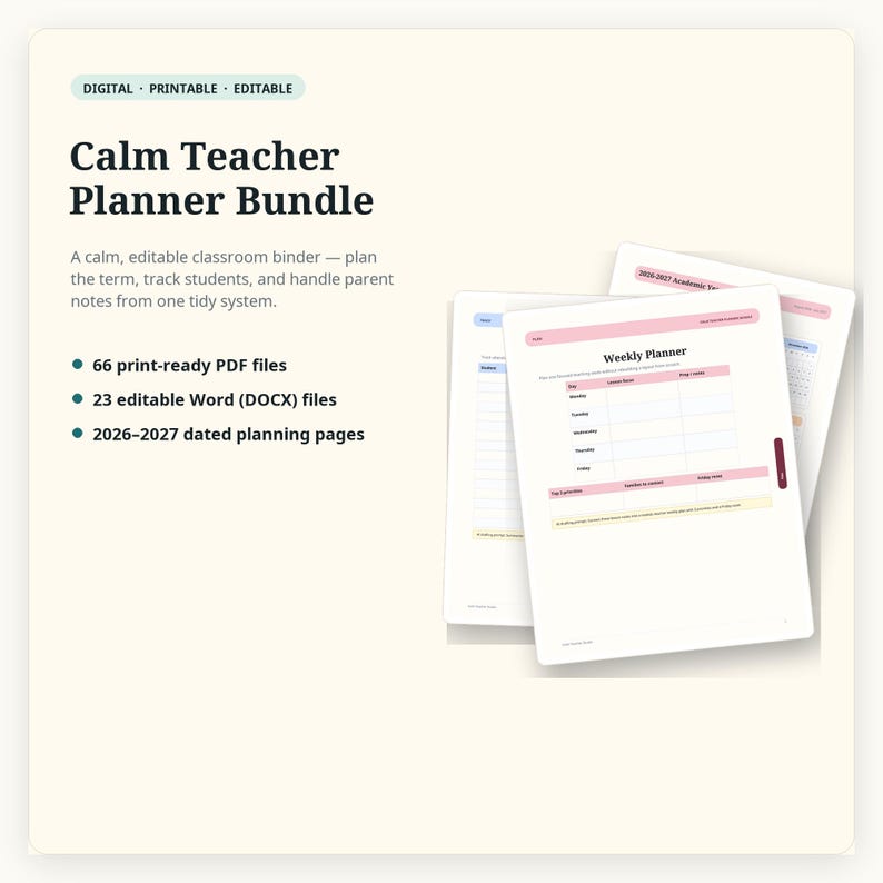 Calm Teacher Planner Bundle: Editable PDF Lesson, Student, Parent ...