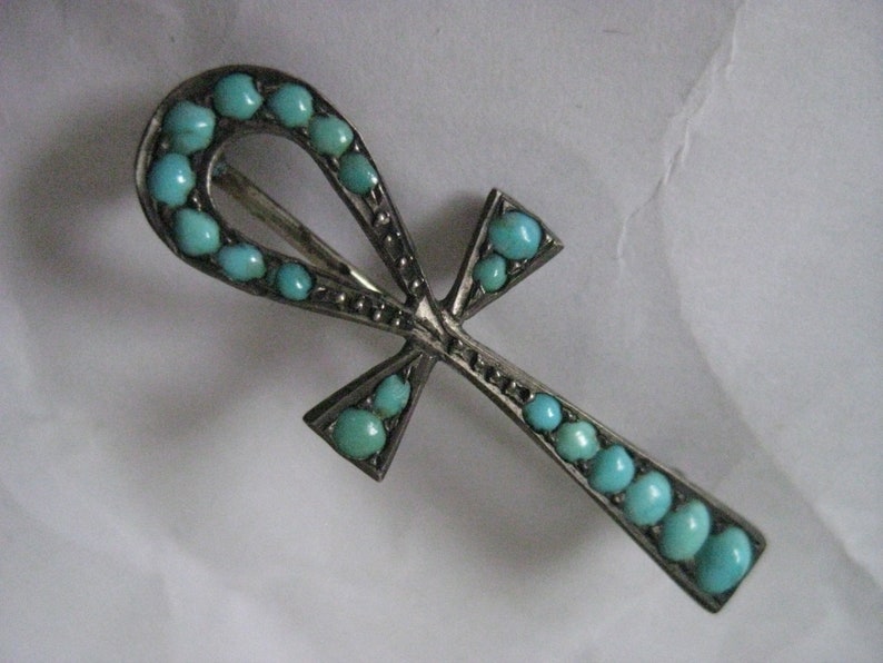 Victorian Ankh Turquoise Blue 800 Silver Brooch Pin Vintage | Etsy
