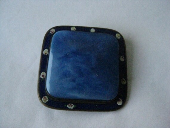 Blue Glass Flower Enamel Brass Square Brooch Pin Vint… - Gem