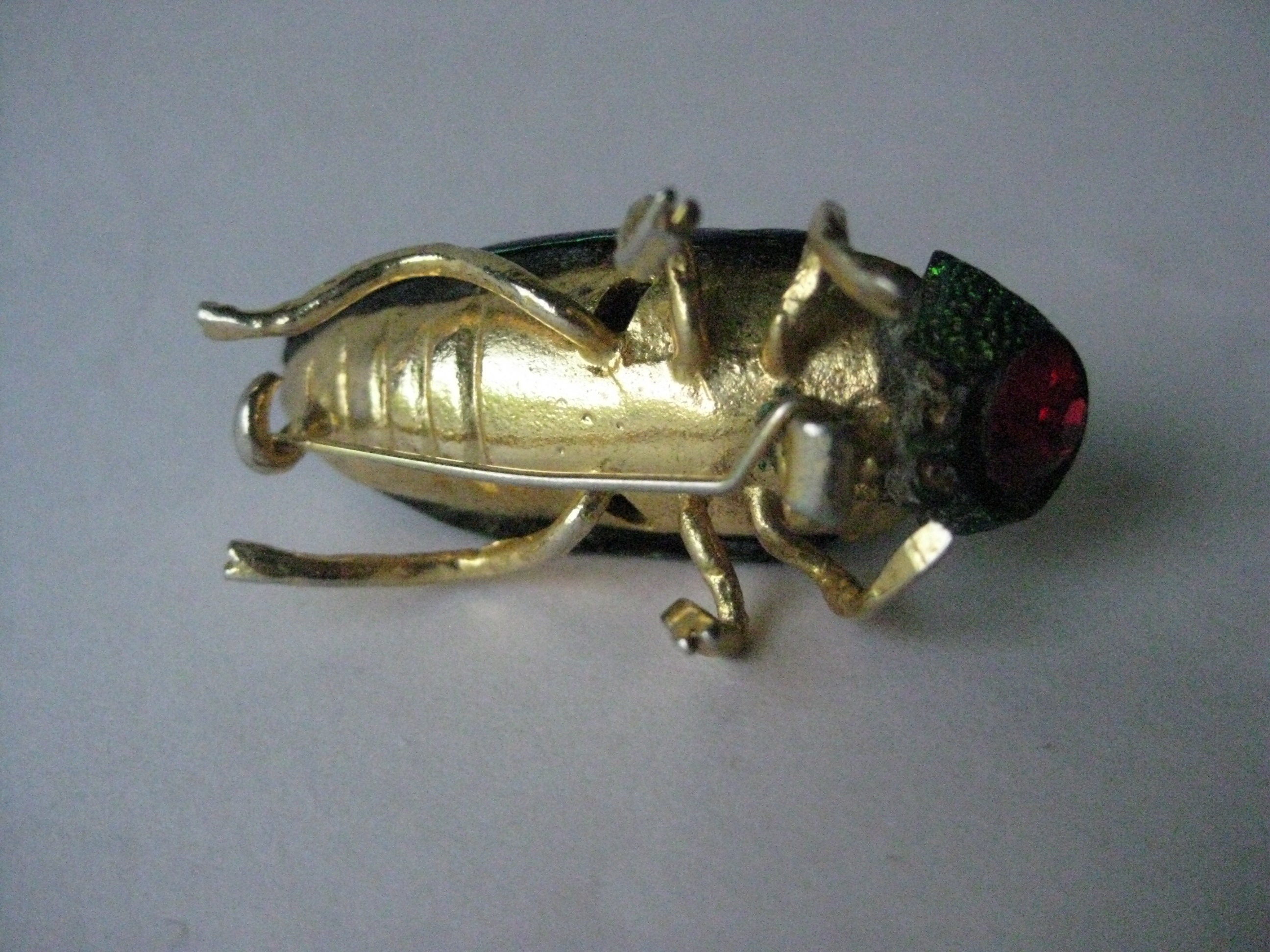 Real Beetle Green Iridescent Rhinestone Clear Red Brooch Pin Gold ...