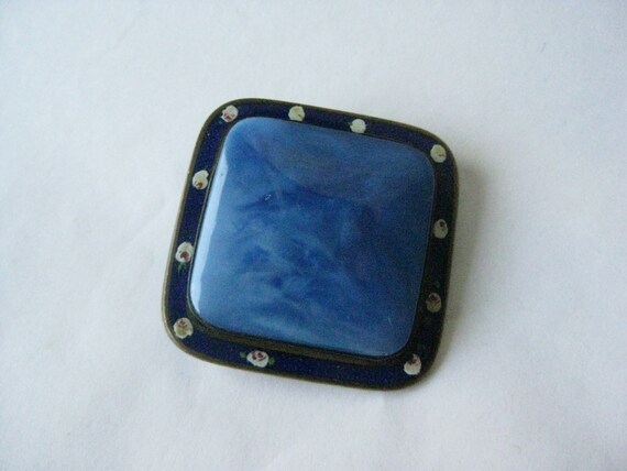 Blue Glass Flower Enamel Brass Square Brooch Pin Vint… - Gem
