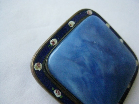 Blue Glass Flower Enamel Brass Square Brooch Pin Vint… - Gem