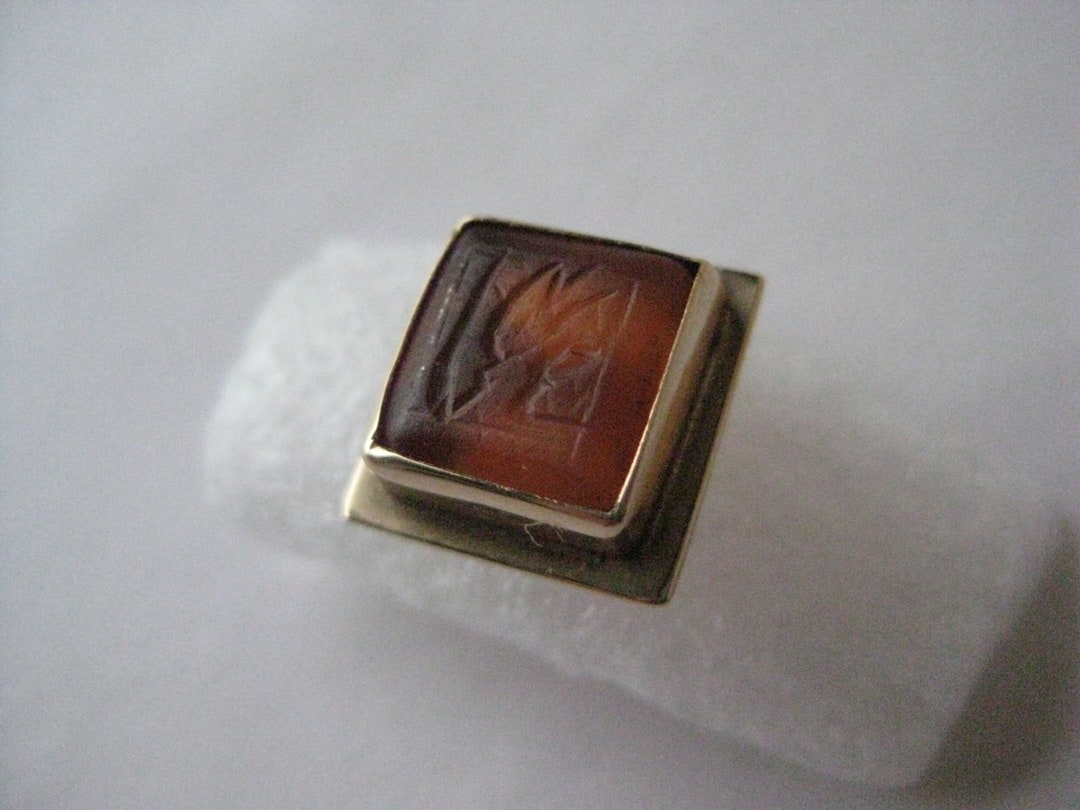 Amber Carved Square 14K Solid Yellow Gold Pin Tie Tack Lapel Vintage ...