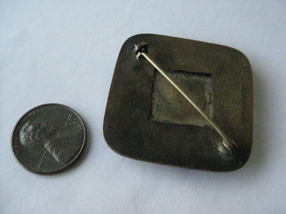 Blue Glass Flower Enamel Brass Square Brooch Pin Vint… - Gem