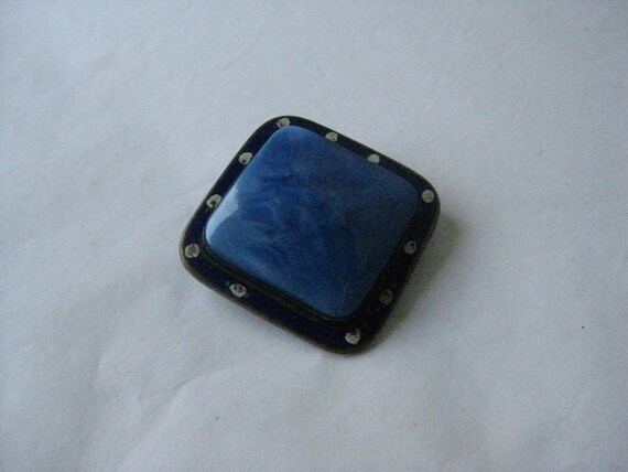 Blue Glass Flower Enamel Brass Square Brooch Pin Vint… - Gem